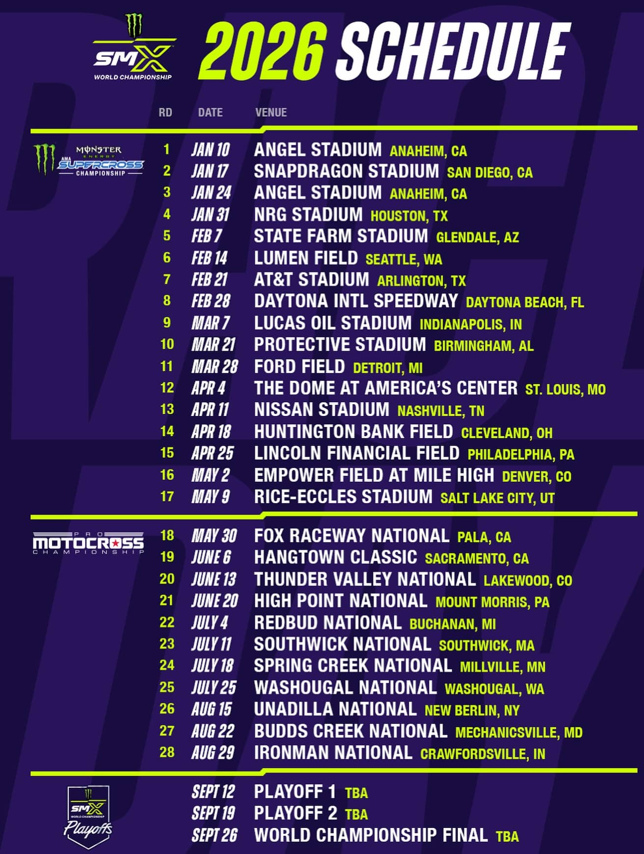FIRST LOOK AT COMPLETE 2026 AMA SUPERCROSS, AMA NATIONAL & SMX PLAYOFF ...